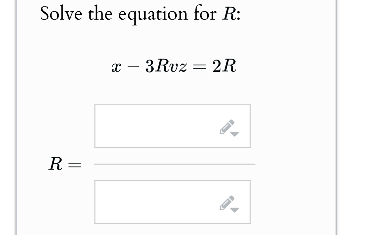 Solved Solve the equation for R ﻿:x-3Rvz=2RR= | Chegg.com
