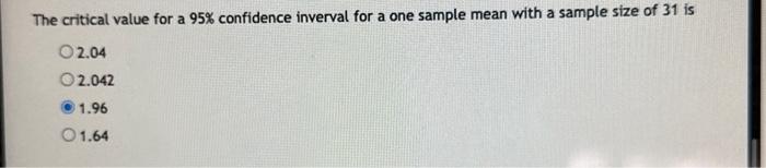 Solved The critical value for a 95% confidence inverval for | Chegg.com