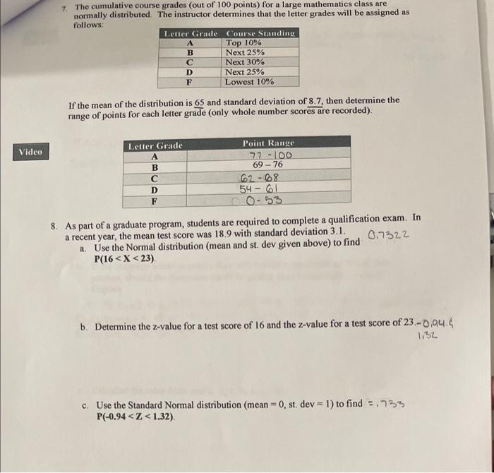 7. The cumulative course grades (out of 100 points) | Chegg.com
