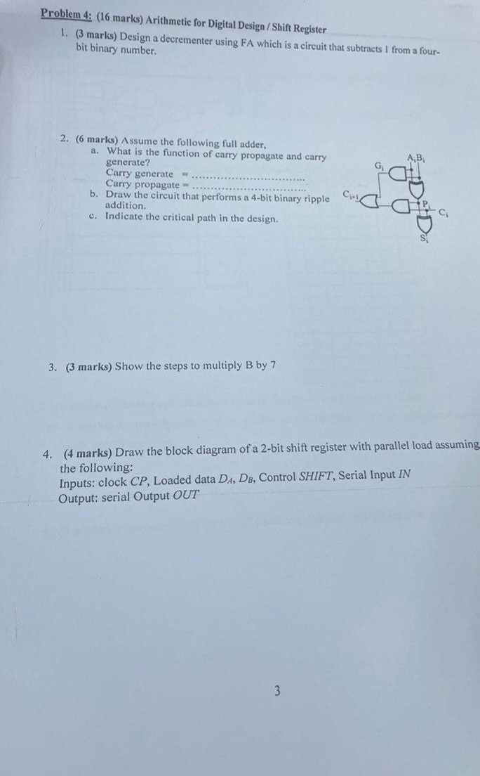 Solved Problem 4: ( 16 ﻿marks) ﻿Arithmetic for Digital | Chegg.com