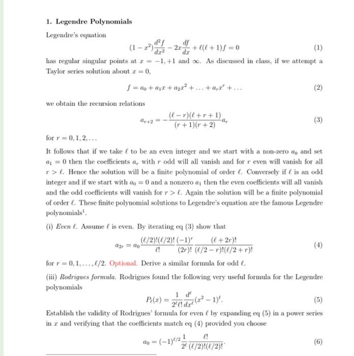 Solved (- df 1. Legendre Polynomials Legendre's equation df | Chegg.com