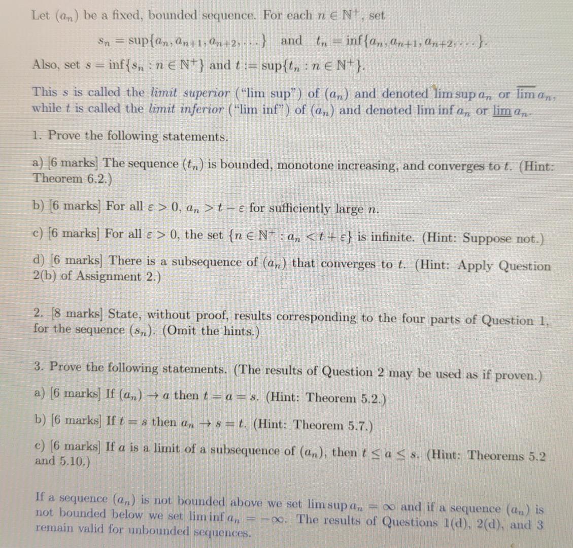 Solved In Let (an) be a fixed, bounded sequence. For each n | Chegg.com