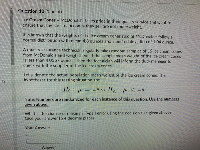 Solved Question 10 (1 point) Ice Cream Cones - McDonald's | Chegg.com