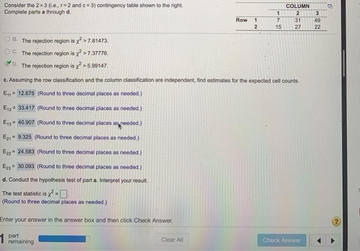 Solved Consider the 2x3 (1.0., r = 2 and c= 3) contingency | Chegg.com
