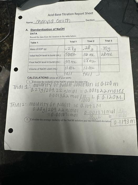 A Standardization Of Naoh Data Calculations Show 0193