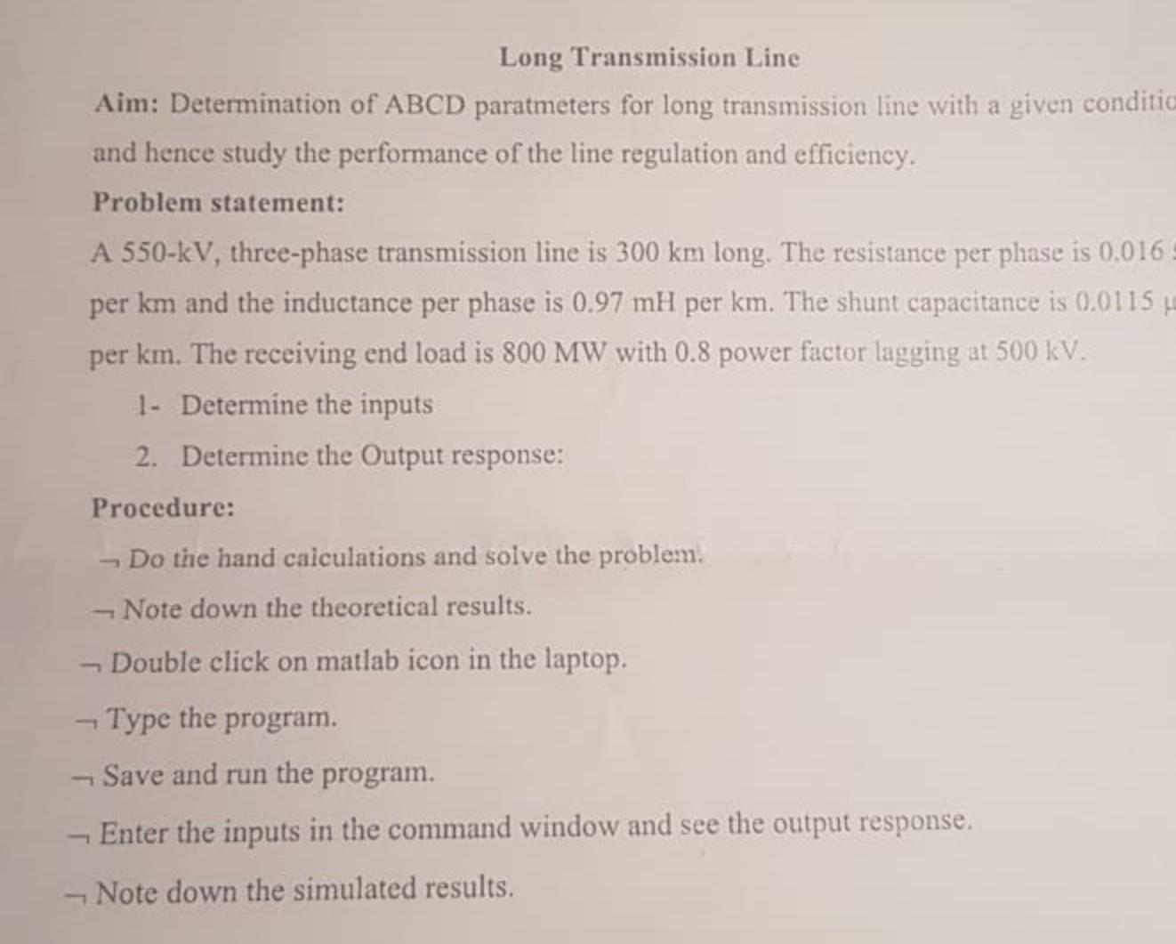 Solved Long Transmission Line Aim: Determination of ABCD | Chegg.com