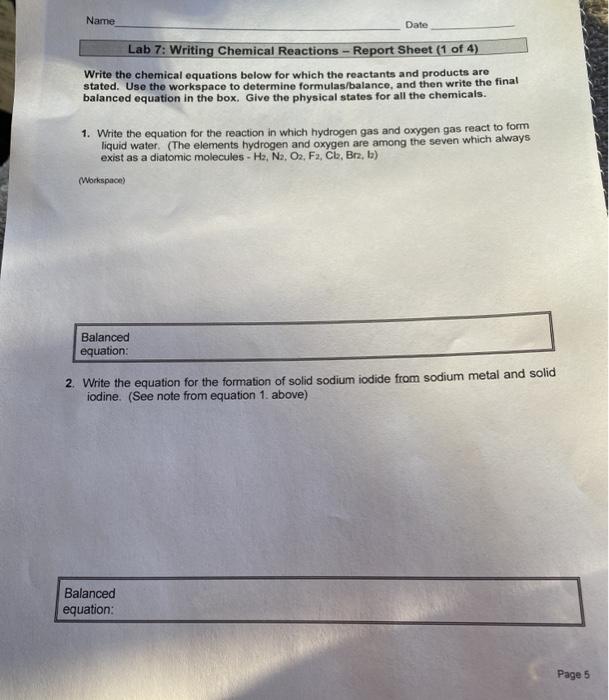 Solved Name Date Lab 7: Writing Chemical Reactions - Report | Chegg.com