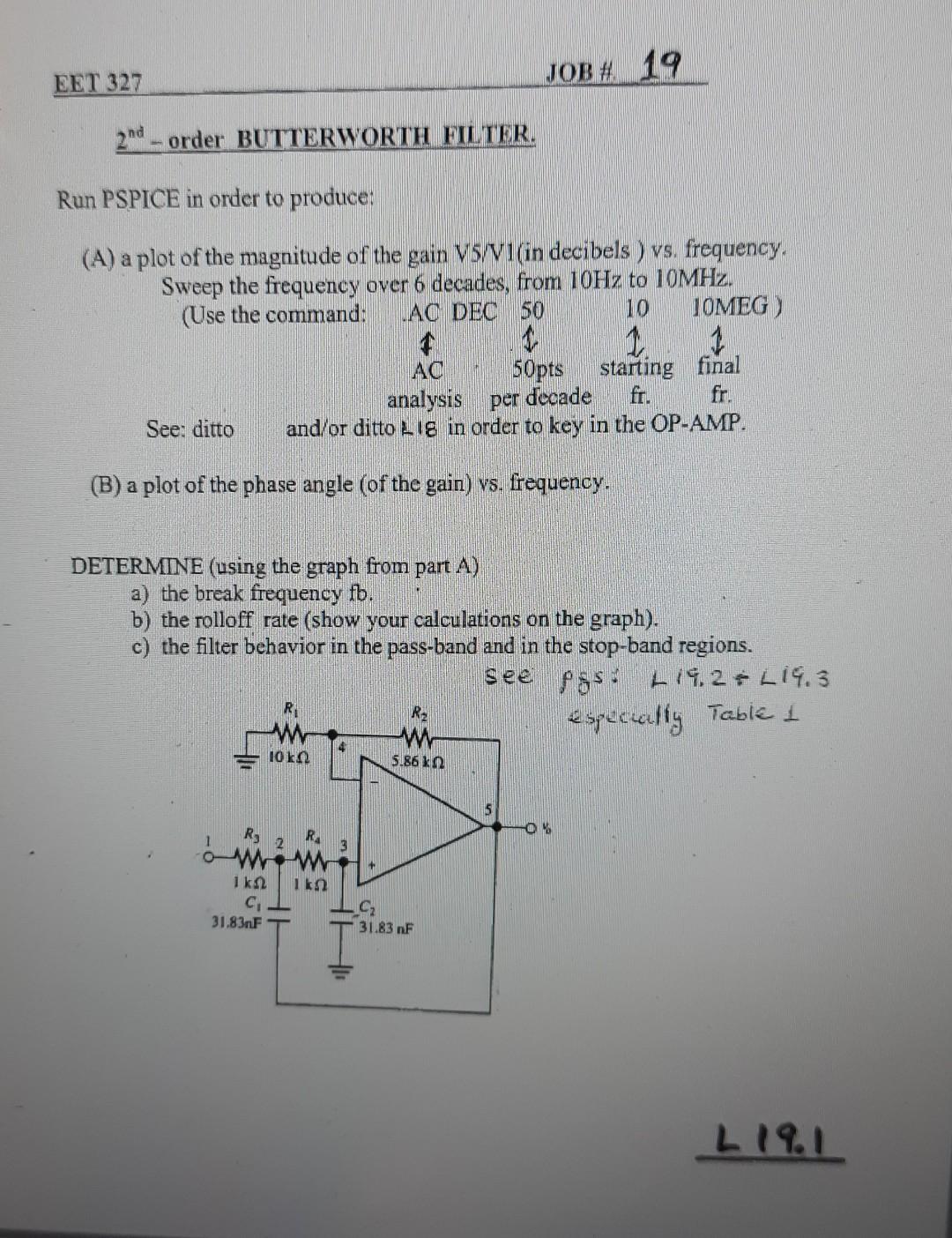Solved EET 327 JOB # 19 2nd - order BUTTERWORTH FILTER. Run | Chegg.com