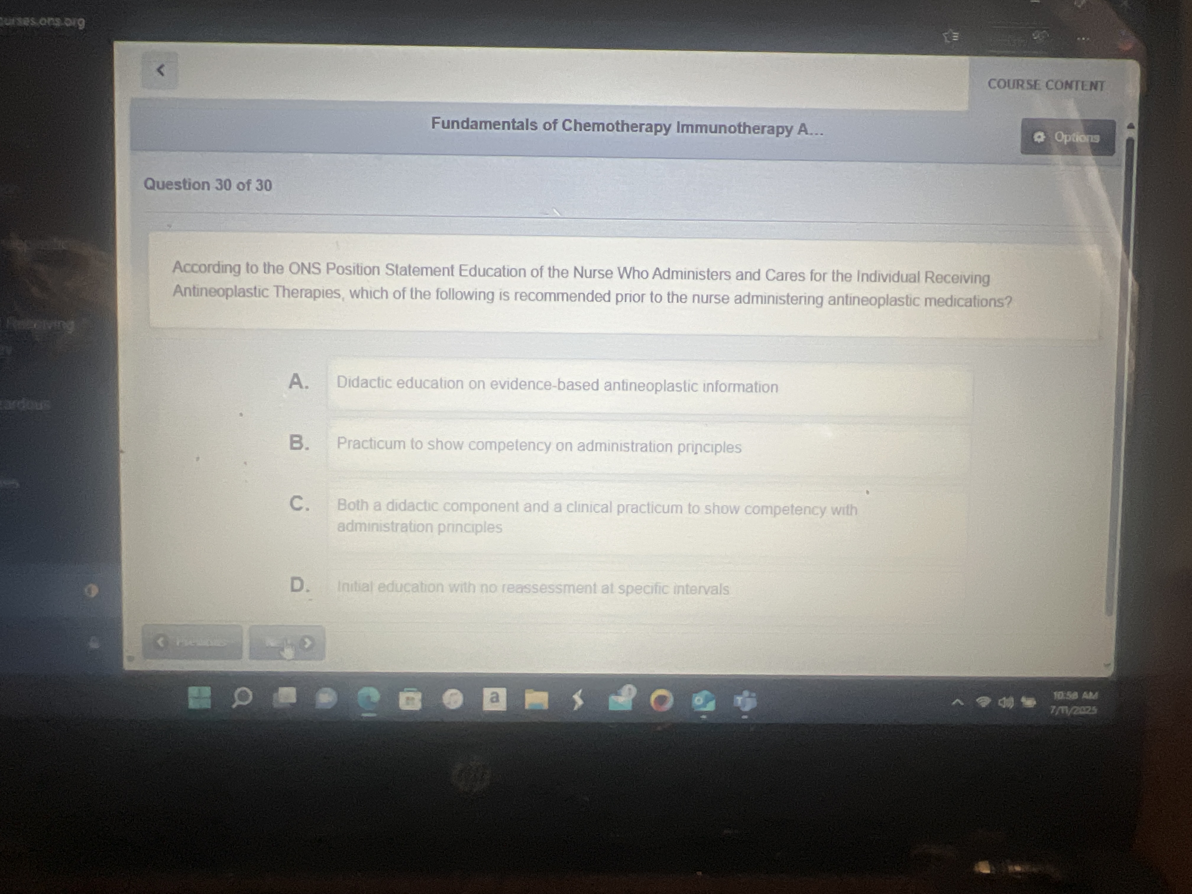 Solved According to the ONS Position Statement Education of | Chegg.com
