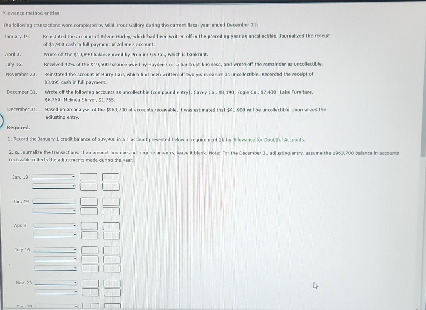 Solved Allowance method entries The following transactions | Chegg.com