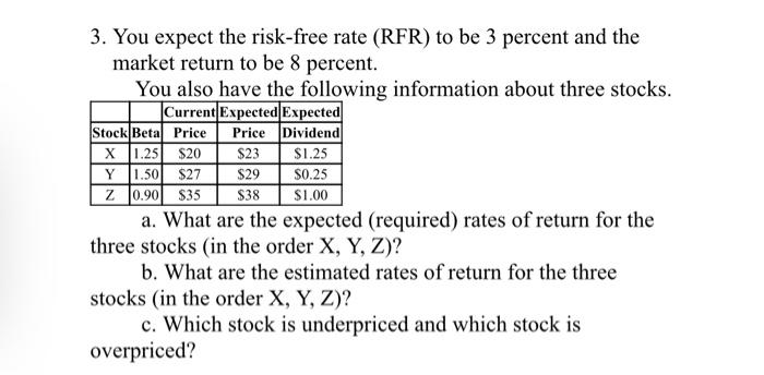Solved 3. You expect the risk-free rate (RFR) to be 3 | Chegg.com