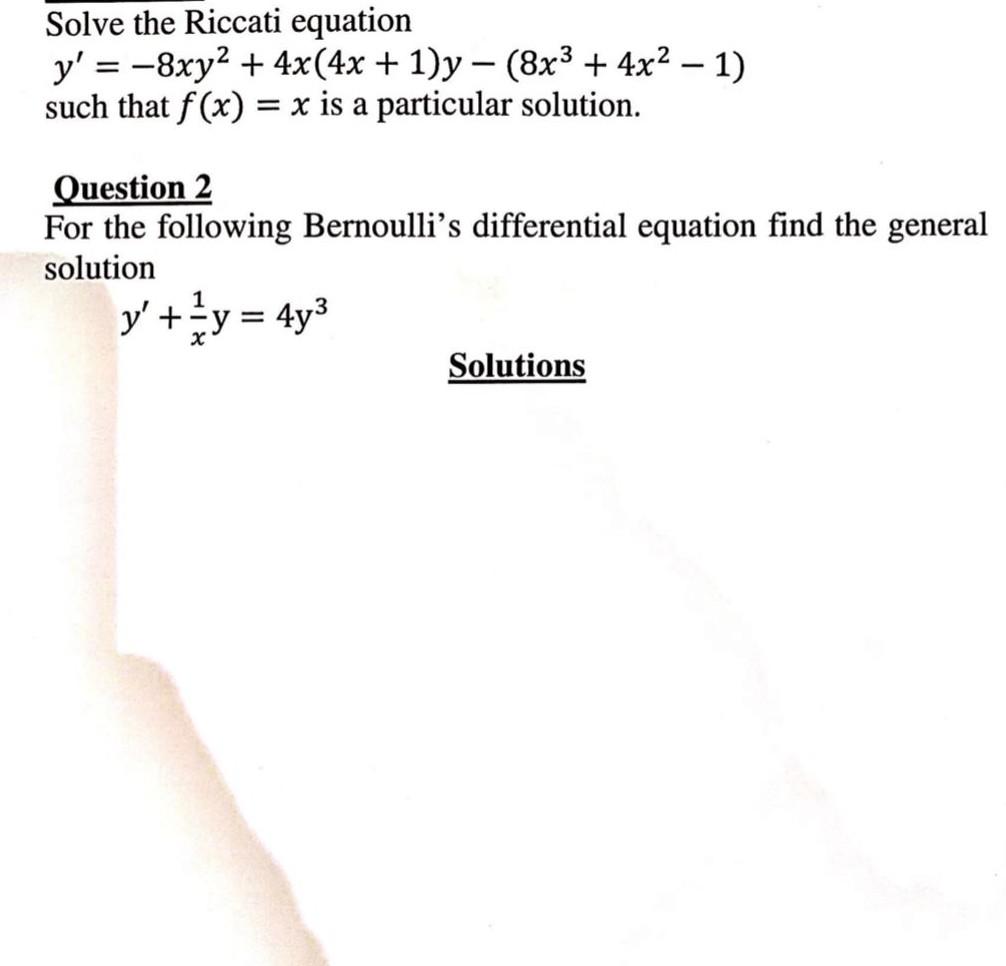 Solved Solve the Riccati equation y' = -8xy2 + 4x(4x + 1)y - | Chegg.com