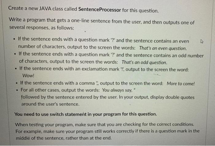 Solved Create a new JAVA class called SentenceProcessor for | Chegg.com