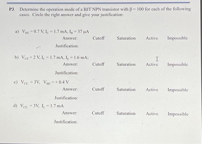 Solved P3. Determine the operation mode of a BJT NPN | Chegg.com