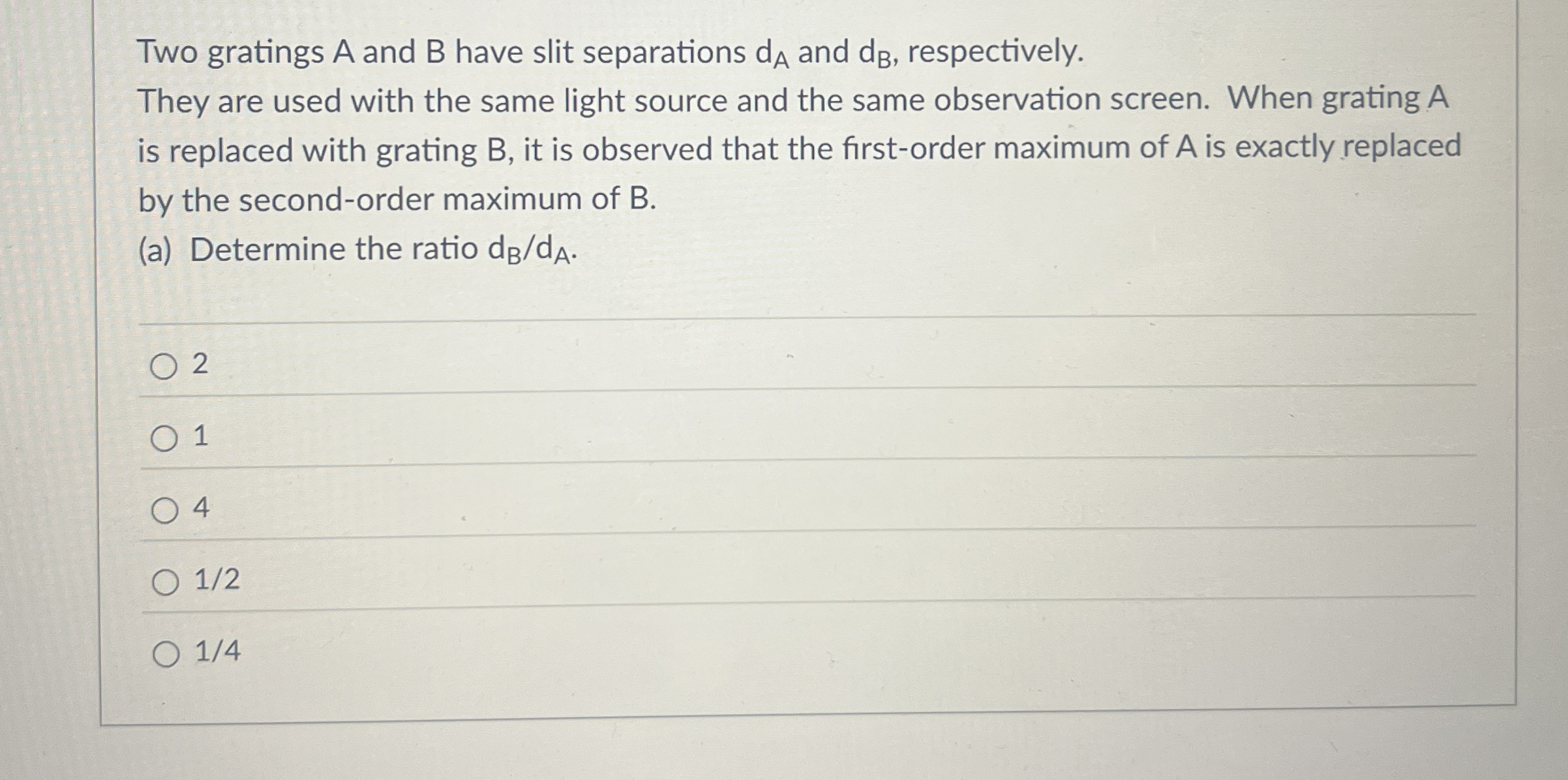 Solved Two gratings A and B ﻿have slit separations dA ﻿and | Chegg.com