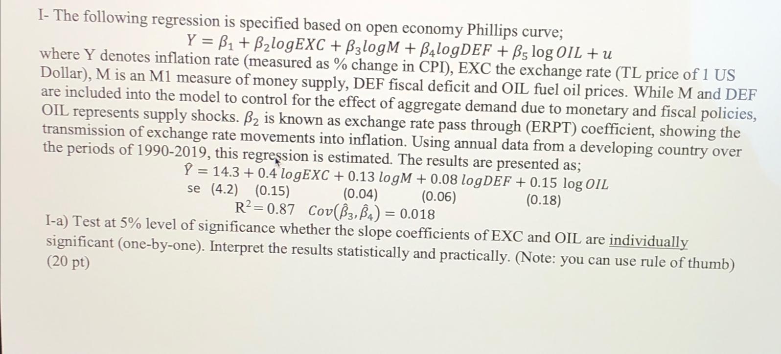 Solved I- ﻿The following regression is specified based on | Chegg.com