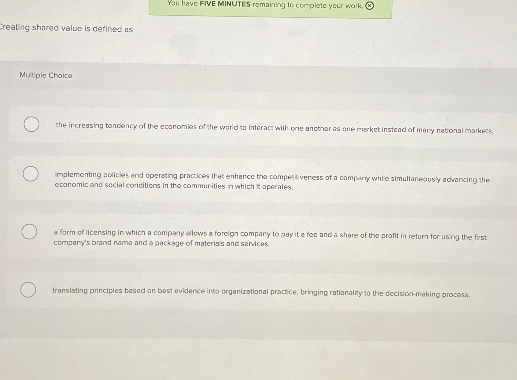 Solved You have FIVE MINUTES remaining to complete your | Chegg.com