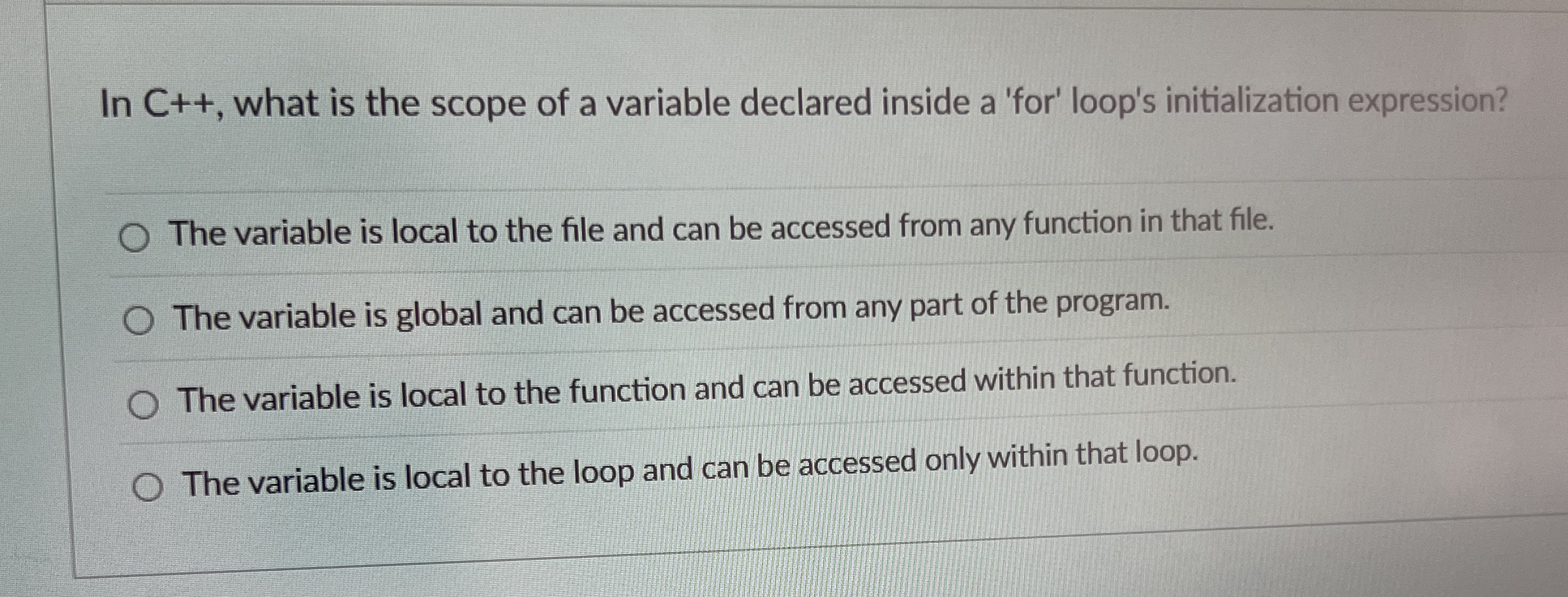 In C++, ﻿what is the scope of a variable declared | Chegg.com