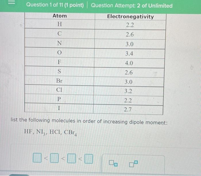 Solved list the following molecules in order of increasing | Chegg.com