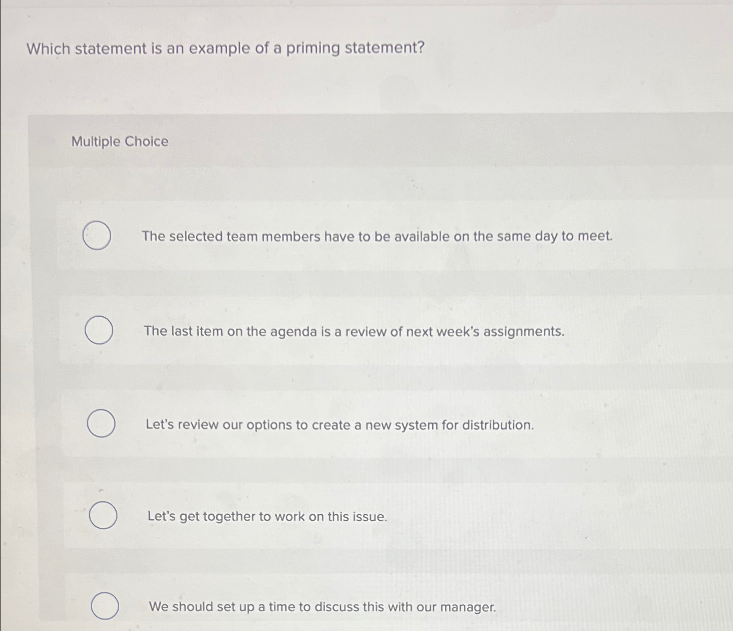 Solved Which statement is an example of a priming | Chegg.com