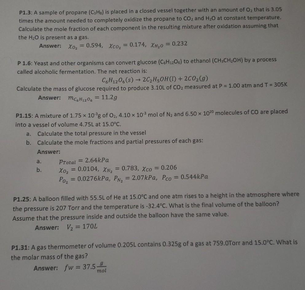 Solved P1.3: A sample of propane (C3H8) is placed in a | Chegg.com