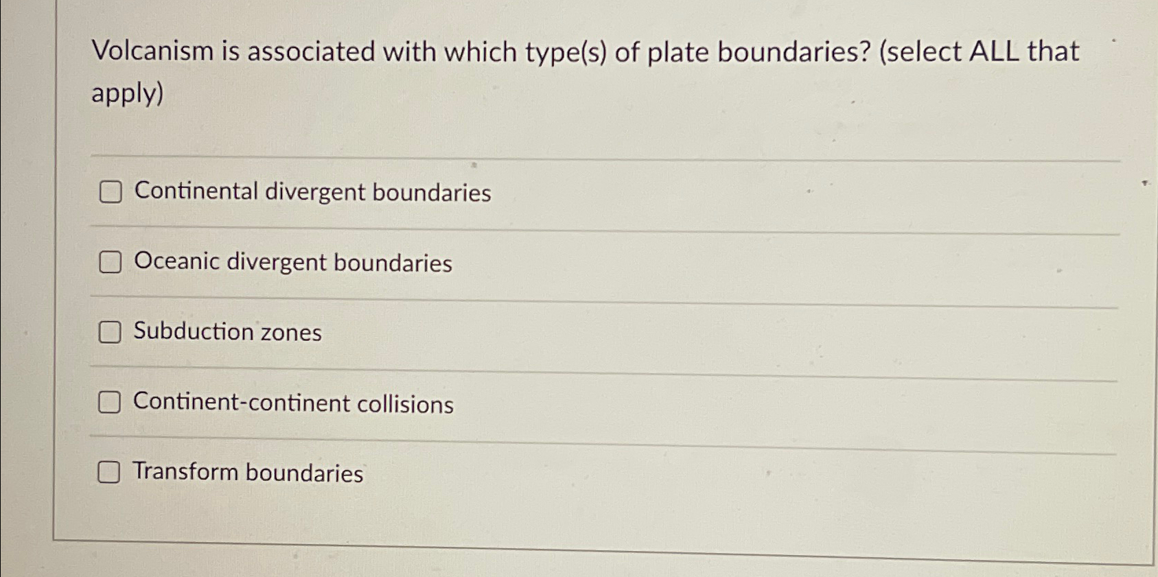 Solved Volcanism is associated with which type(s) ﻿of plate | Chegg.com
