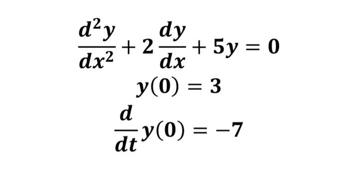 Solved dx2d2y+2dxdy+5y=0y(0)=3dtdy(0)=−7 | Chegg.com Solved dx2d2y+2dxdy+5y=0y(0)=3dtdy(0)=−7 | Chegg.com