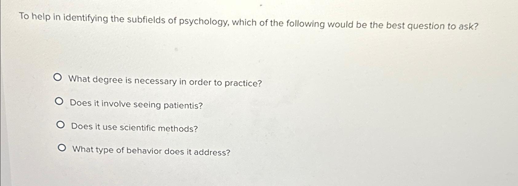 Solved To help in identifying the subfields of psychology, | Chegg.com
