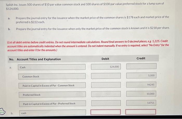 Solved Splish Inc. issues 500 shares of $10 par value common | Chegg.com