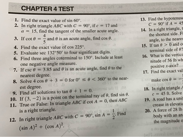 Solved CHAPTER 4 TEST 1. Find the exact value of sin 60° 2. | Chegg.com
