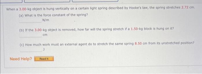 Solved When a 3.00−kg object is hung vertically on a certain | Chegg.com