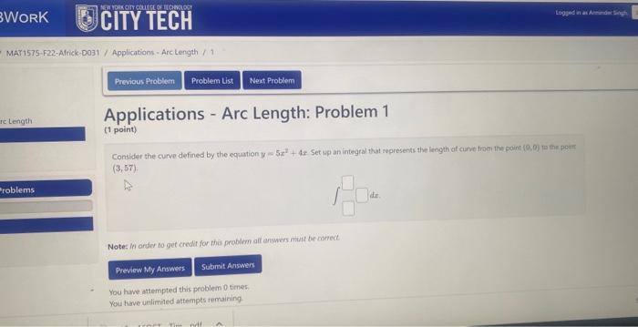 Solved Applications - Arc Length: Problem 1 (1 point) | Chegg.com
