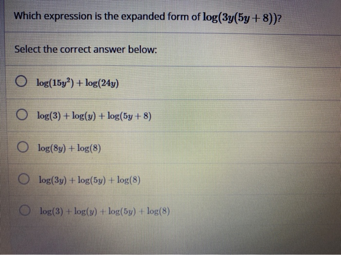 Solved Which expression is the expanded form of log(3y! | Chegg.com