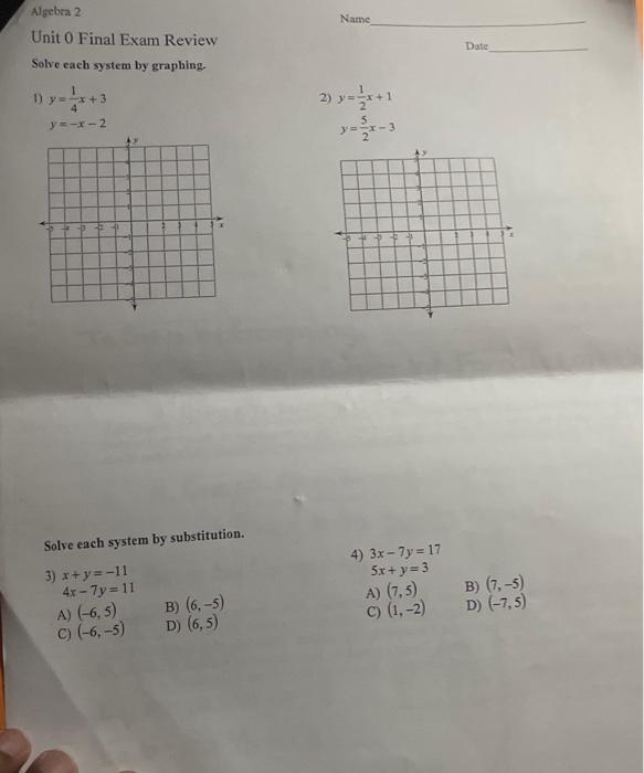 Solved Name Algebra 2 Unit 0 Final Exam Review Solve each | Chegg.com