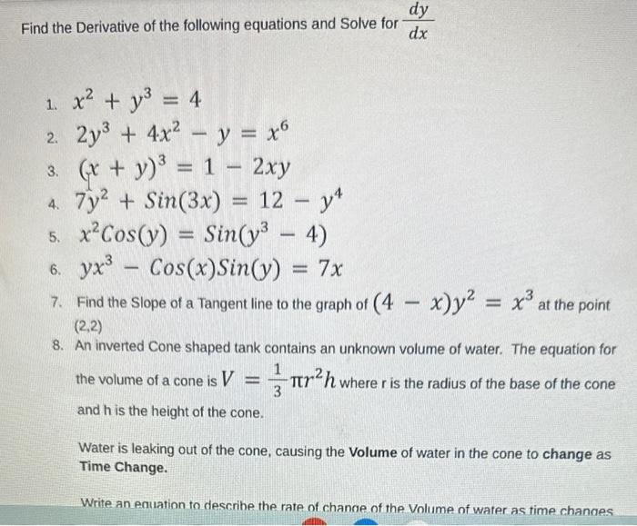 Solved Find the Derivative of the following equations and | Chegg.com