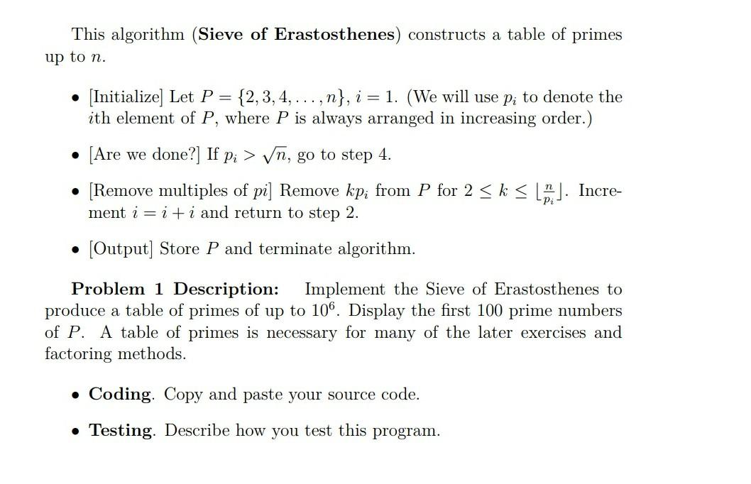 Solved This algorithm (Sieve of Erastosthenes) constructs a | Chegg.com