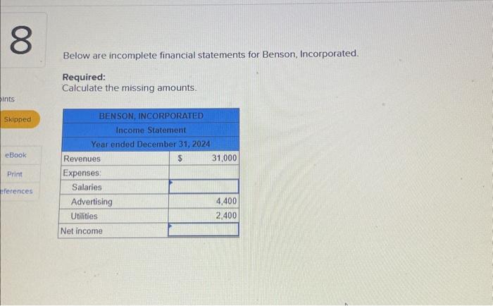 Solved Below are incomplete financial statements for Benson, | Chegg.com