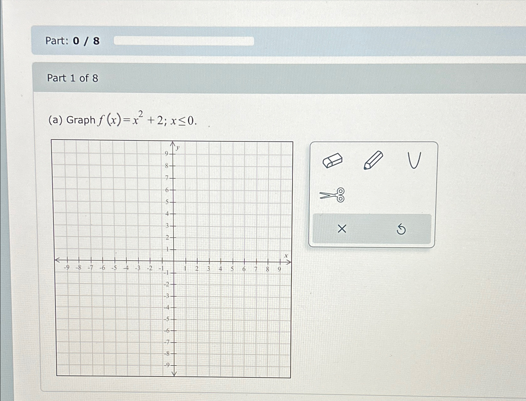 Solved Part: 0 / 8Part 1 ﻿of 8(a) ﻿Graph f(x)=x2+2;x≤0. | Chegg.com