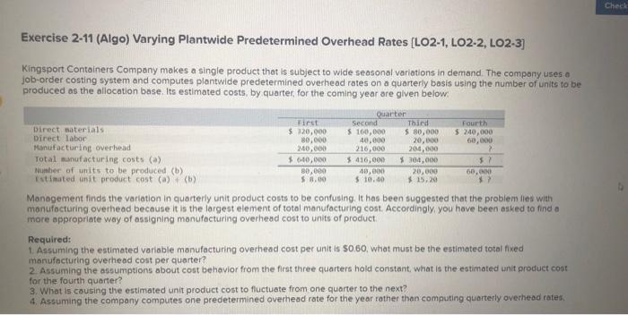 Solved Exercise 2-11 (Algo) Varying Plantwide Predetermined | Chegg.com