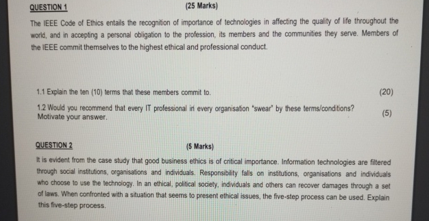 Solved QUESTION 1(25 ﻿Marks)The IEEE Code of Ethics entails | Chegg.com