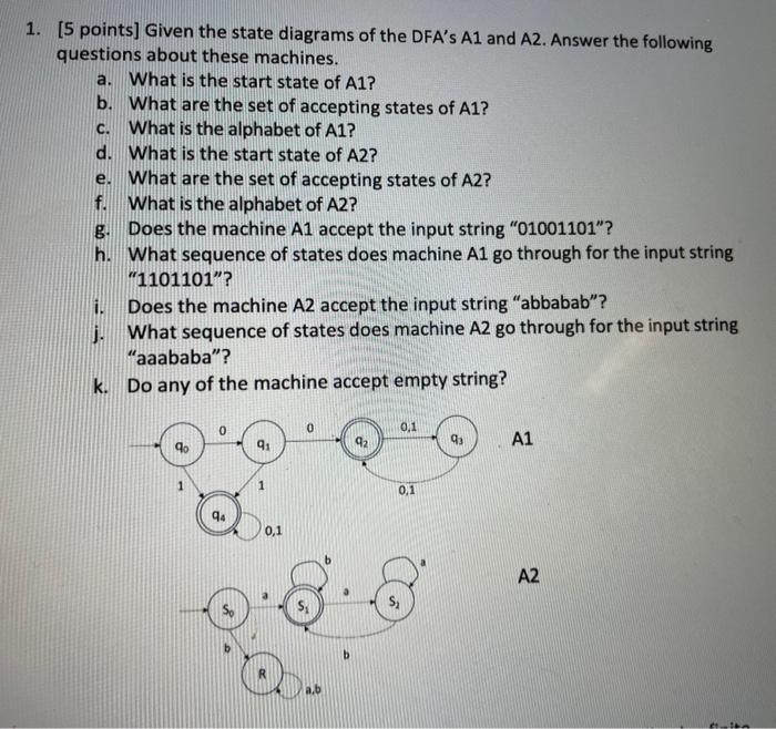 Solved 1. [5 points] Given the state diagrams of the DFA's | Chegg.com
