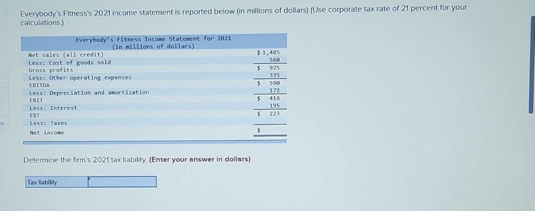 Solved Everybody's Fitness's 2021 income statement is | Chegg.com