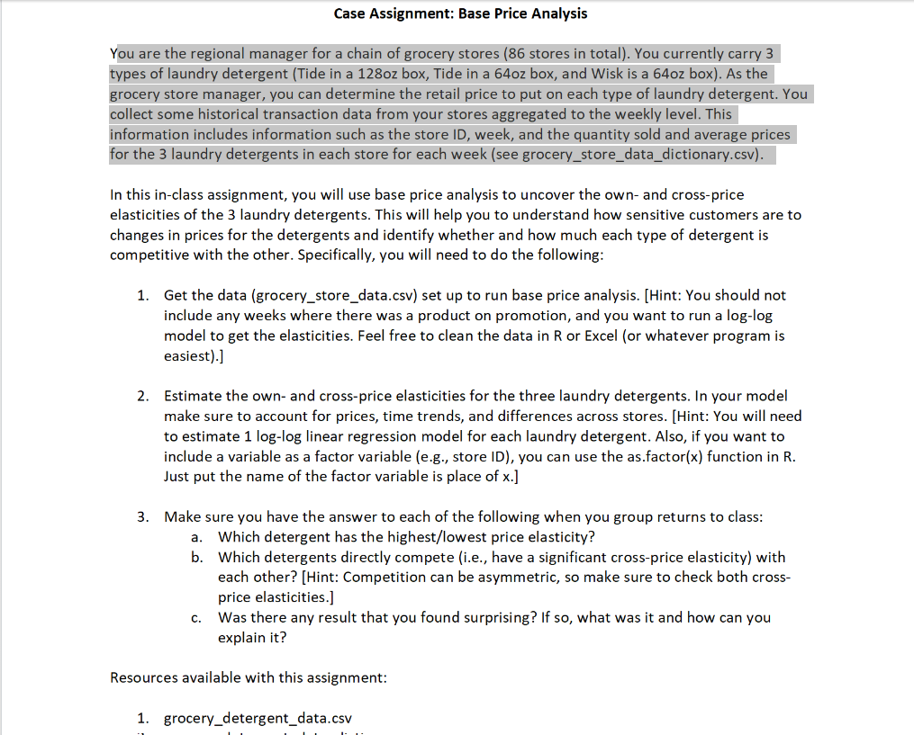 Solved Case Assignment: Base Price AnalysisYou are the | Chegg.com