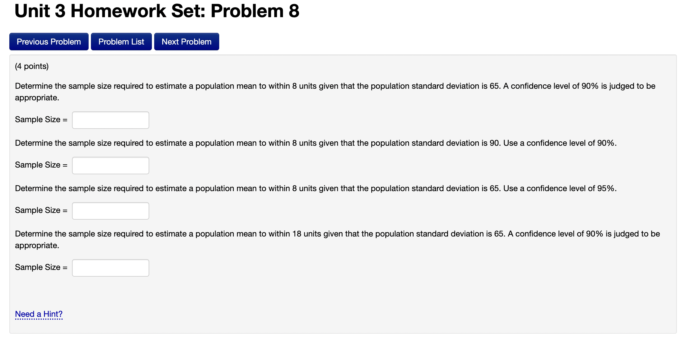 Solved (4 ﻿points)appropriate.Sample Size =Sample Size | Chegg.com