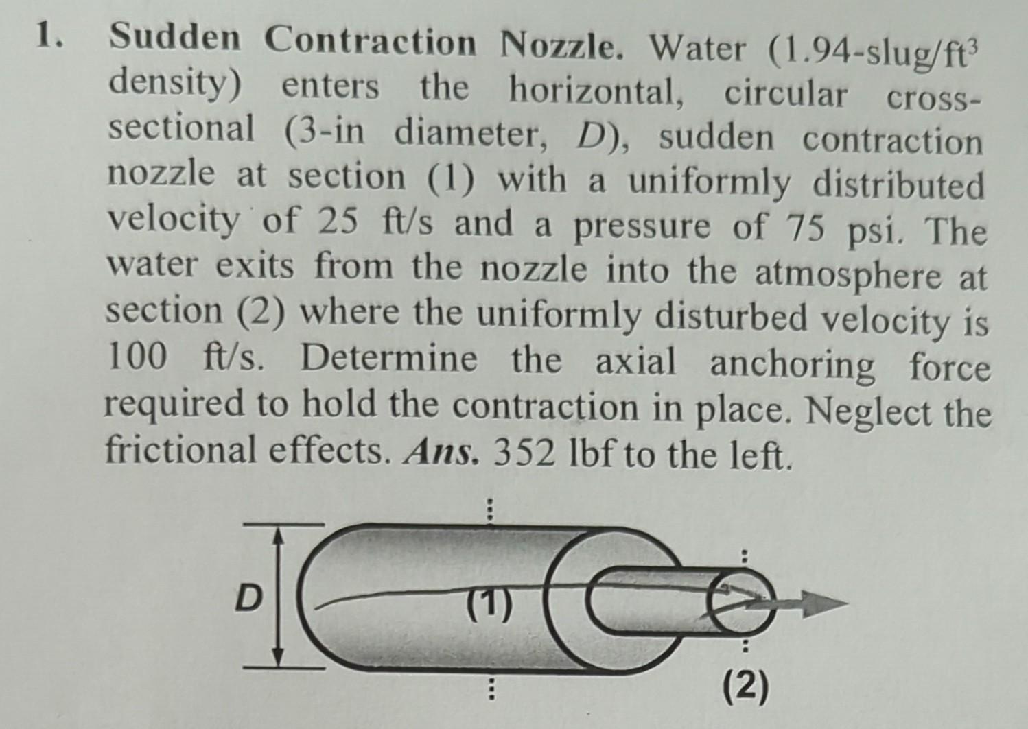 Solved 1. Sudden Contraction Nozzle. Water (1.94-slug ft3 | Chegg.com