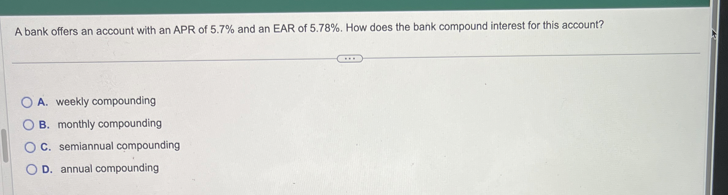Solved A bank offers an account with an APR of 5.7% ﻿and an | Chegg.com