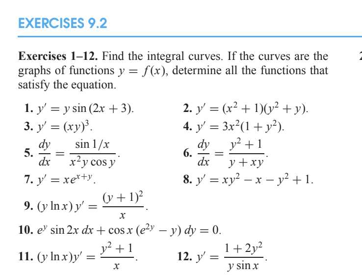 Solved Exercises 1-12. ﻿Find the integral curves. If the | Chegg.com