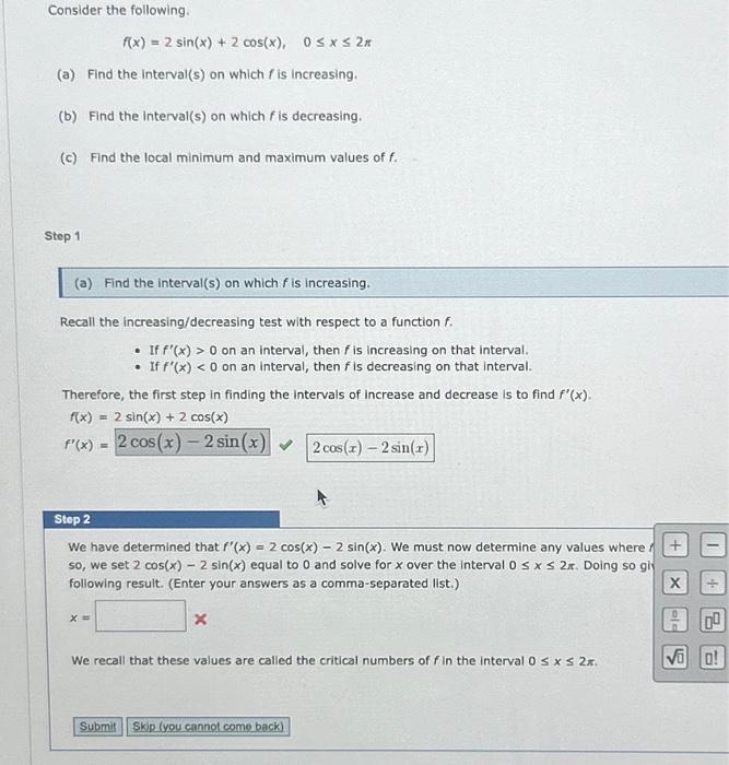 Solved Consider the following. f(x)=2sin(x)+2cos(x),0≤x≤2π | Chegg.com