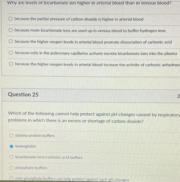 Solved Why are levels of bicarbonate ion higher in arterial | Chegg.com