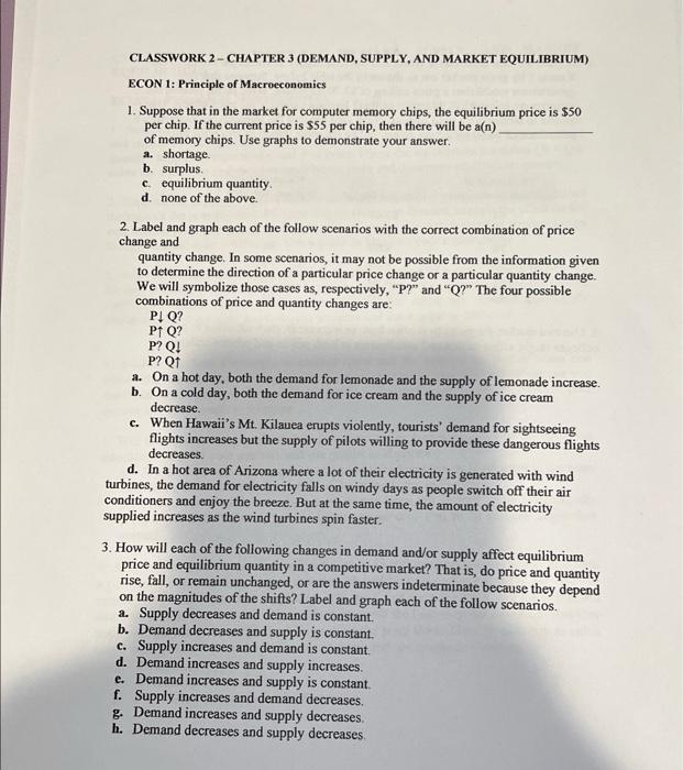 Solved CLASSWORK 2 - CHAPTER 3 (DEMAND, SUPPLY, AND MARKET | Chegg.com